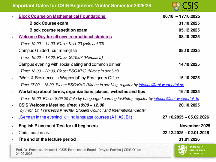 Wichtige Termine für CSiS Starter